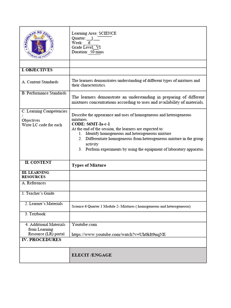 Lesson Plan science 6 quarter 3 Mixture | PDF | Homogeneity And Heterogeneity | Learning