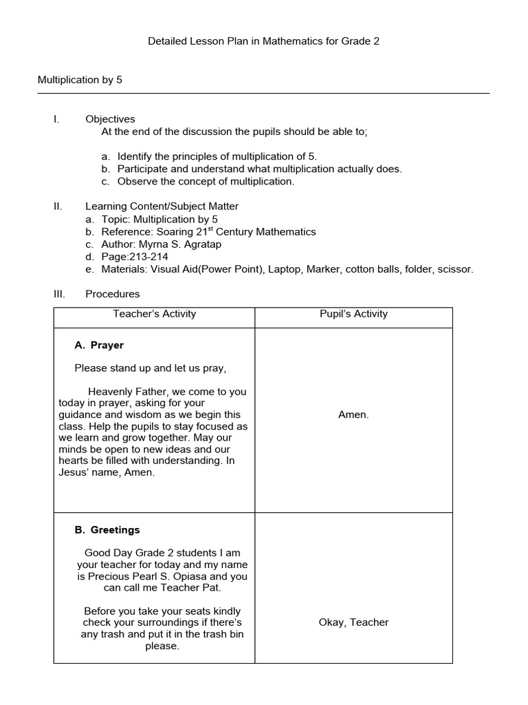 Lesson Plan (Math) | PDF | Multiplication | Prayer