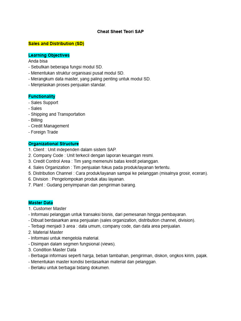 Cheat Sheet SAP SD dan MM | PDF