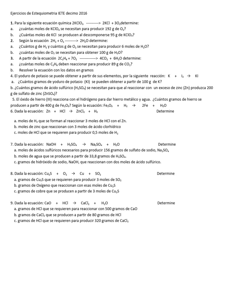 Ejercicios de Estequiometria IETE Decimo 2016 | PDF | Ciencia y matemáticas