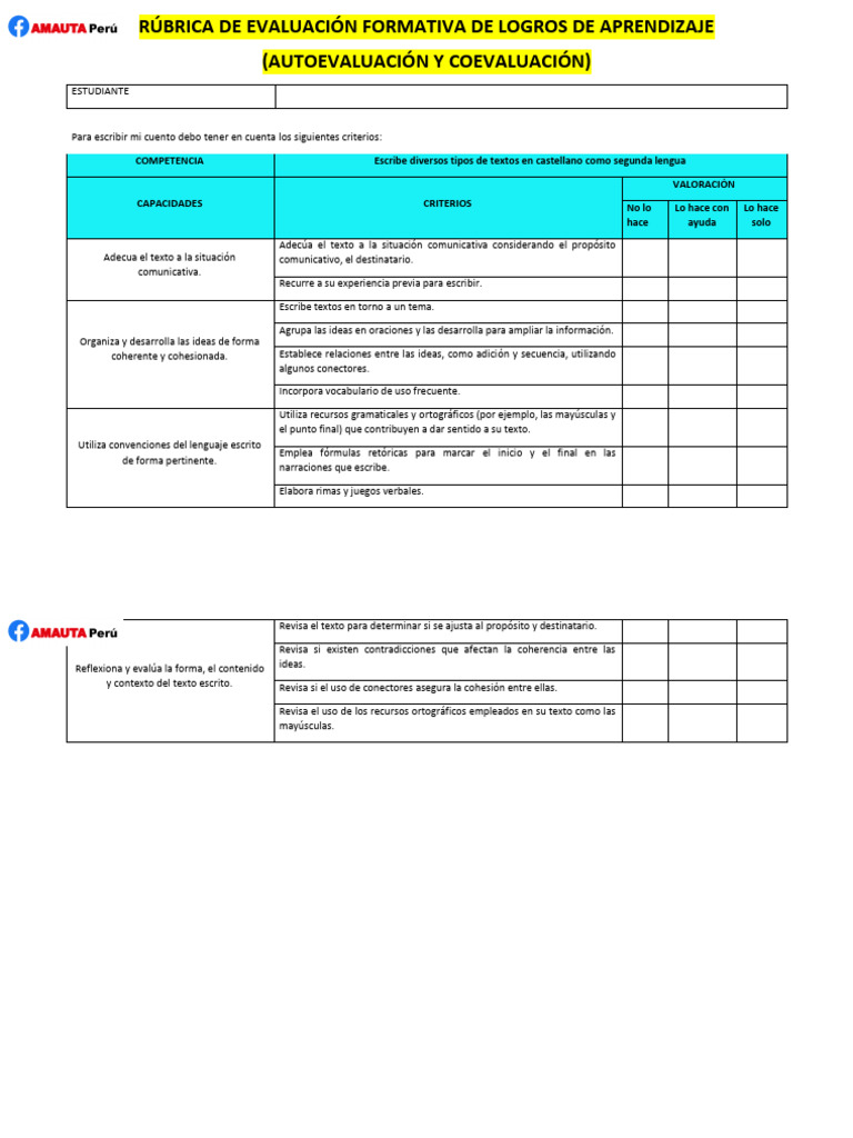 Rúbrica de Evaluación Formativa de Logros de Aprendizaje Amauta Perú | Descargar gratis PDF ...