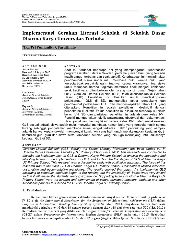 Implementasi Gerakan Literasi Sekolah Di Sekolah Dasar Dharma Karya Universitas Terbuka | PDF ...