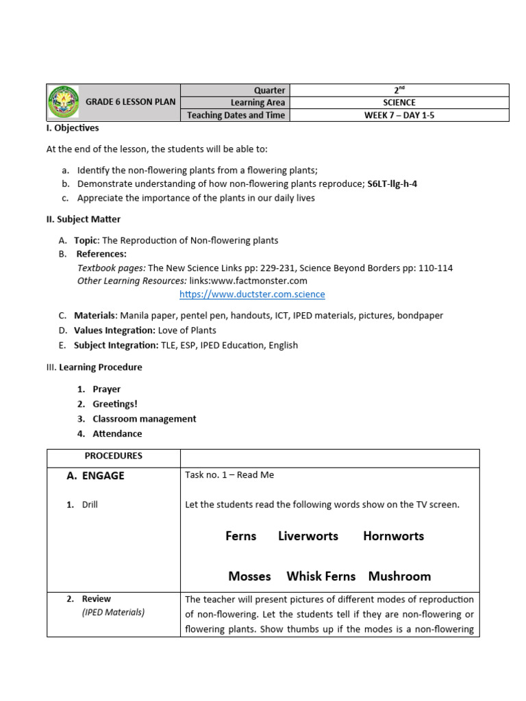 GRADE 6 LESSON PLAN FINAL 2nd Quarter | PDF | Plants | Fern