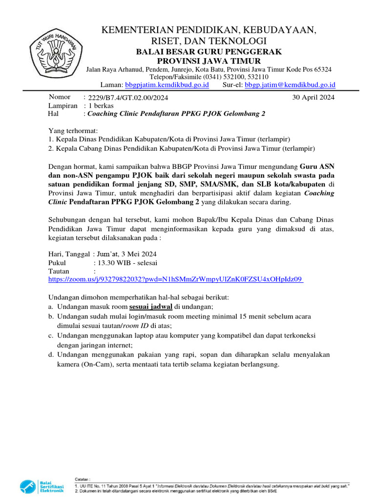 Undangan Peserta Coaching Clinic Tahap 1 Pendaftaran PPKG PJOK ...
