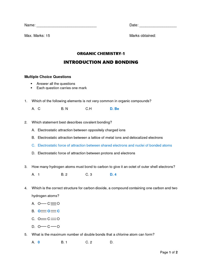 Organic Chemistry 1 Introduction and Bonding ANS | PDF | Chemical Bond ...