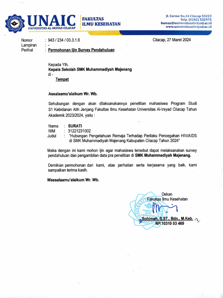 Surat Ijin Survey Pendahuluan - Surati - 20240328 - 0001 | PDF