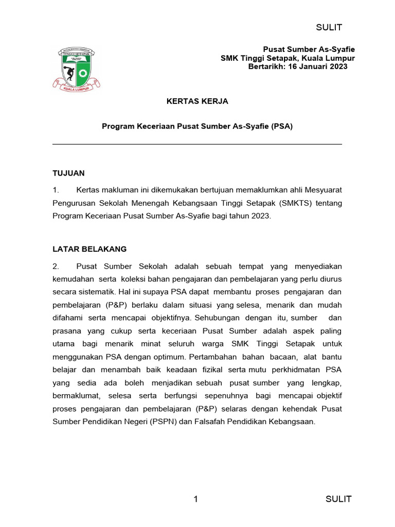 Kertas Kerja Keceriaan Psa 2023 | PDF