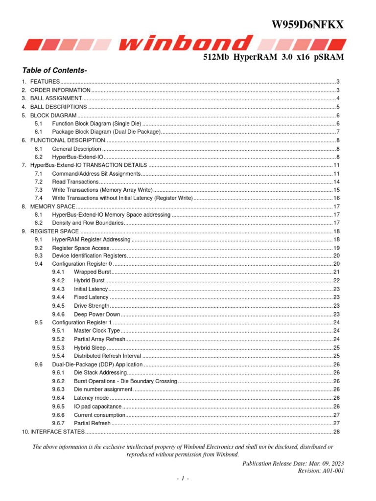 W959D6NFKX 512Mb HyperRAM 3.0 WFBGA49 DDP Datasheet - A01-001 - 20230309-1 | PDF | Input/Output ...