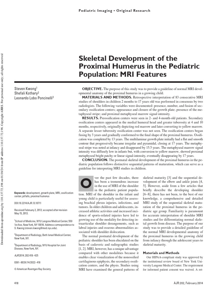 Kwong Et Al 2014 Skeletal Development of The Proximal Humerus in The ...