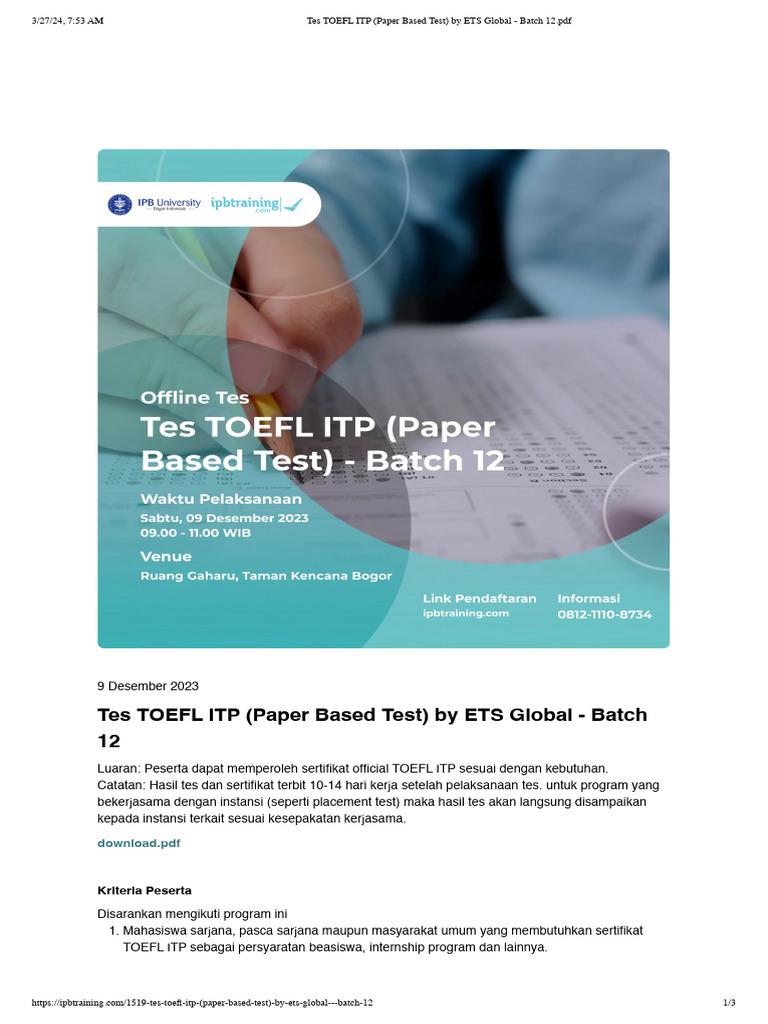 Tes TOEFL ITP (Paper Based Test) by ETS Global - Batch 12 | PDF