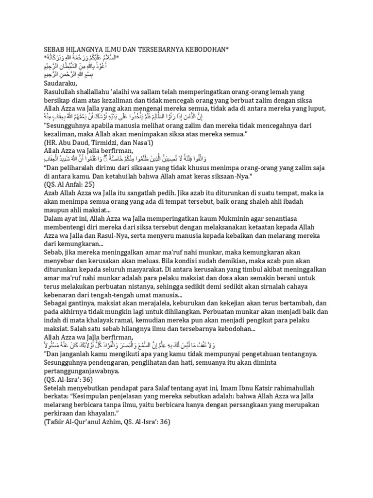 Sebab Hilangnya Ilmu Dan Tersebarnya Kebodohan Pdf