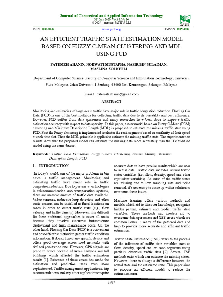 An Efficient Traffic State Estimation Model Based On Fuzzy C Mean Clustering And Mdl Using Fcd
