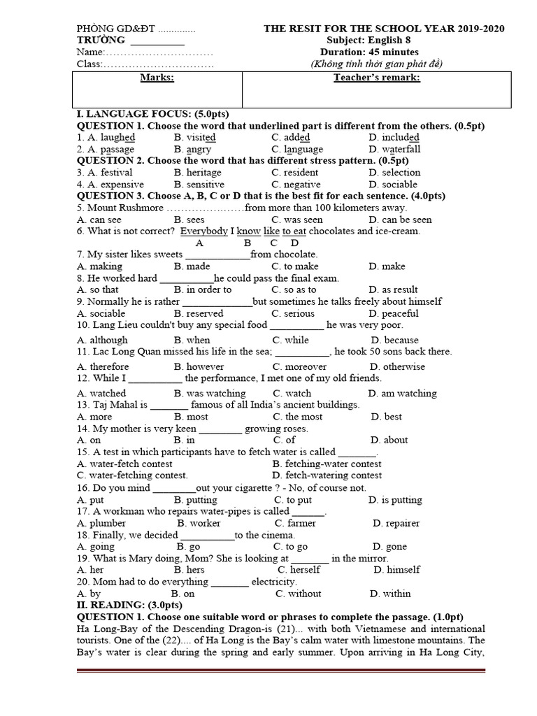 English 8 Resit Exam 2019-2020 | PDF | Waste | Question