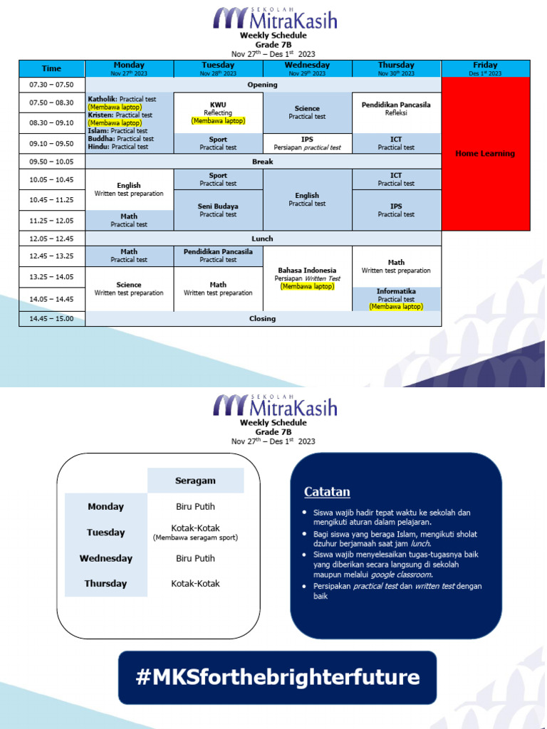 7B Weekly Schedule Nov 27th - Des 1st 2023 | PDF