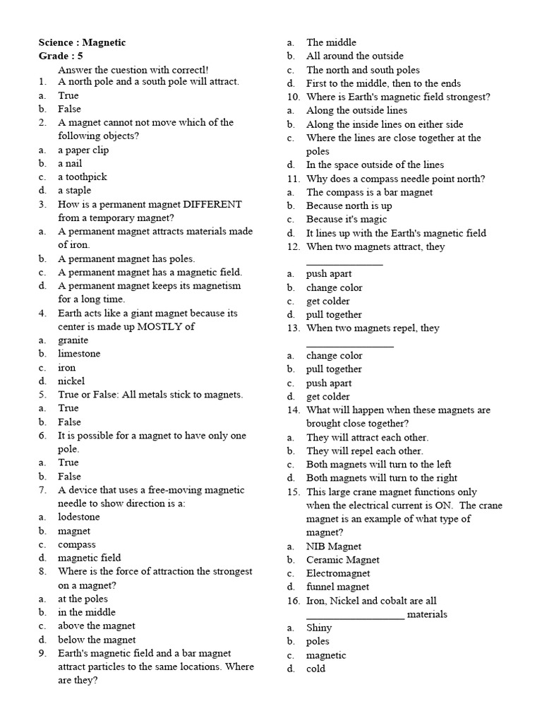 Magnetism Questions for Grade 5 | PDF | Magnet | Magnetism