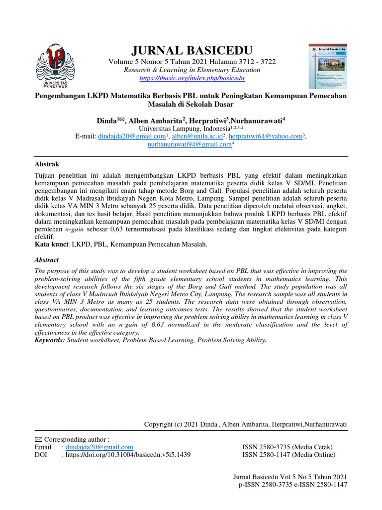 Pengembangan LKPD Matematika Berbasis PBL Untuk Pe | PDF