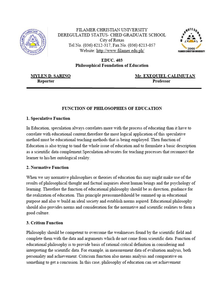 Function of Philosophies of Education 403 | PDF | Philosophy Of ...