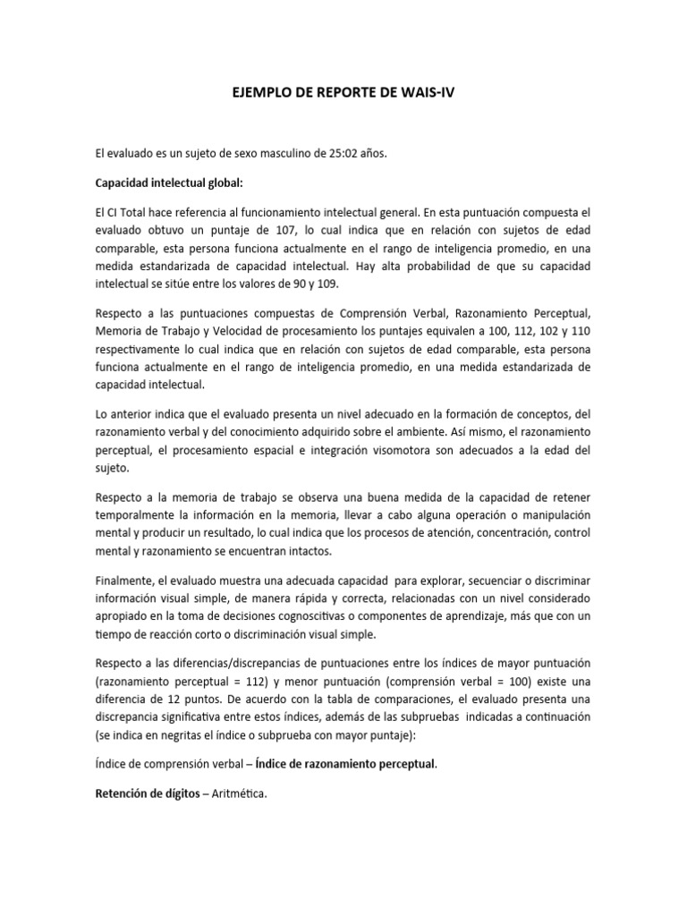 Ejemplo de Reporte de Wais-Iv | Descargar gratis PDF | Inteligencia | Memoria