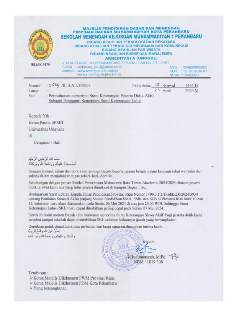 0509 - 2024 Udayana Surat Permohonan Menerima Surket PD Aktif Pengganti Sementara SKL | PDF