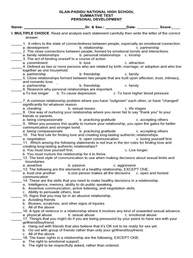 4th Grading Exam Per Dev 11 | PDF | Family | Adolescence