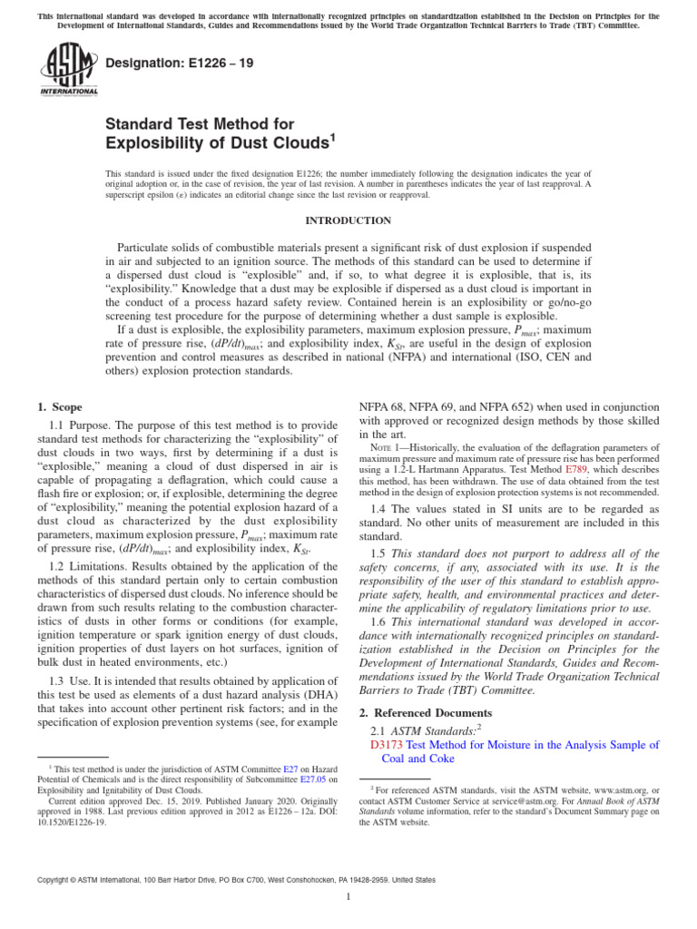 ASTM E1226-19 Standard Test Method For Explosibility of Dust Clouds1 ...