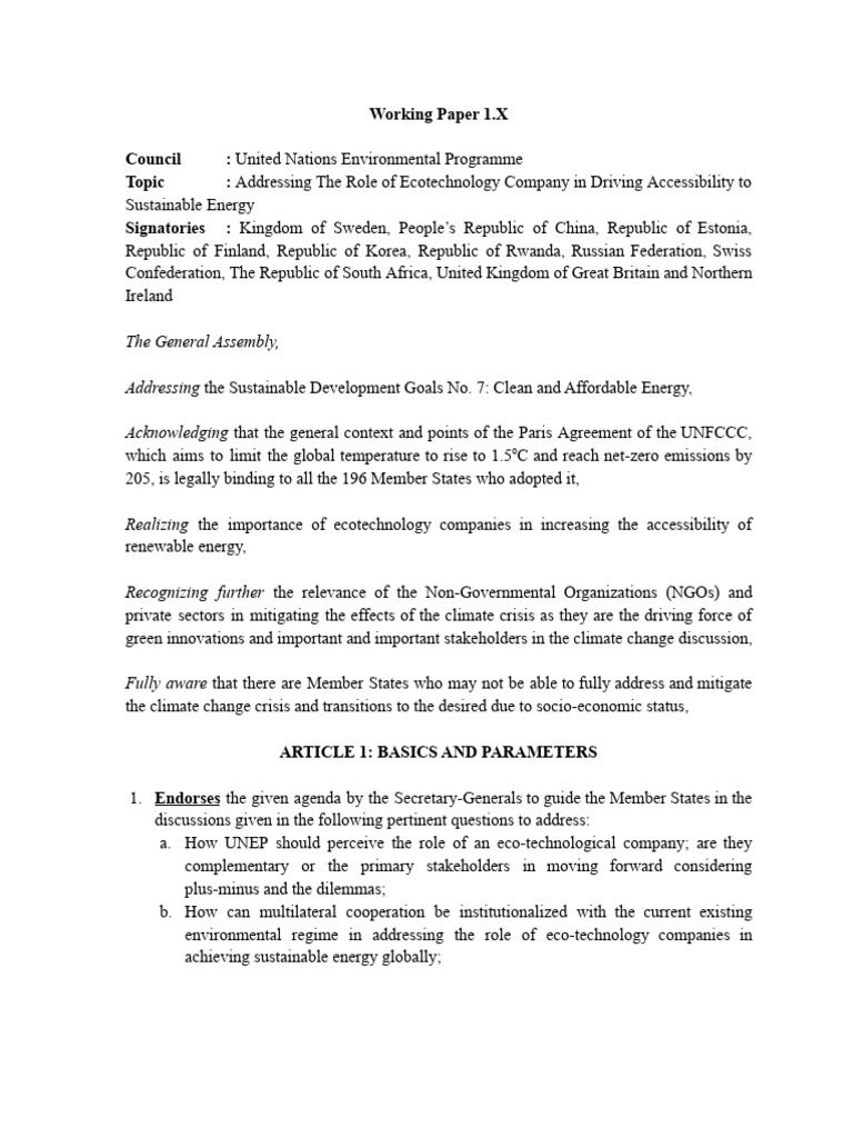 Working Paper 1.1 UNEP IMUN 2022 | PDF | Sustainable Energy ...