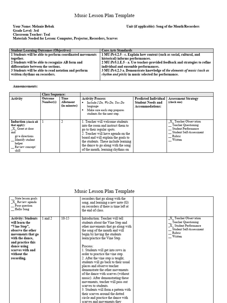 Music Lesson Plan Template - 3rd Grade | Download Free PDF | Lesson ...