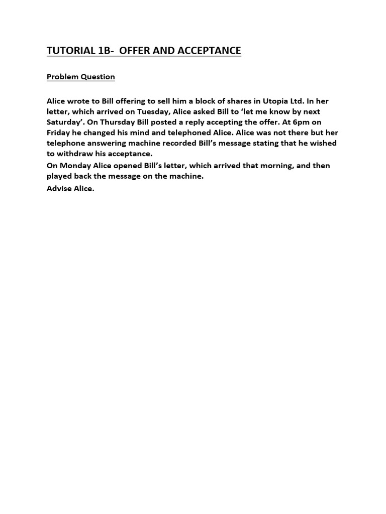 Tutorial 1B Offer and Acceptance Question | PDF