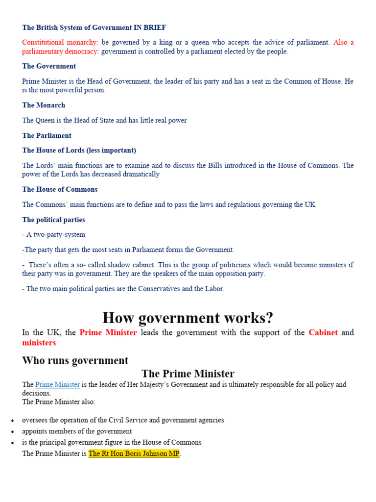 Overview of the British Government System | PDF | Monarchy Of The ...