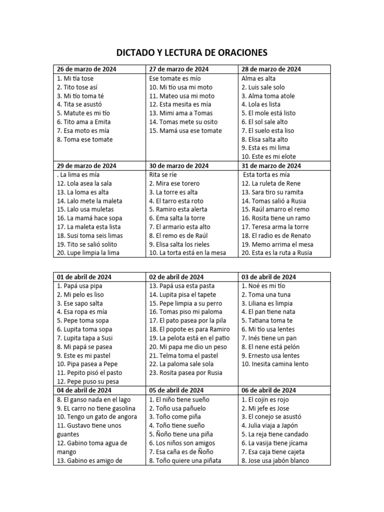 DICTADO Y LECTURA DE ORACIONES | PDF