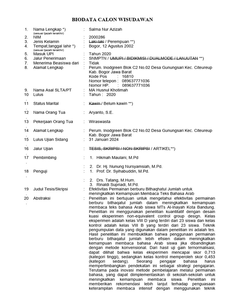 Form Biodata Wisudawan | PDF