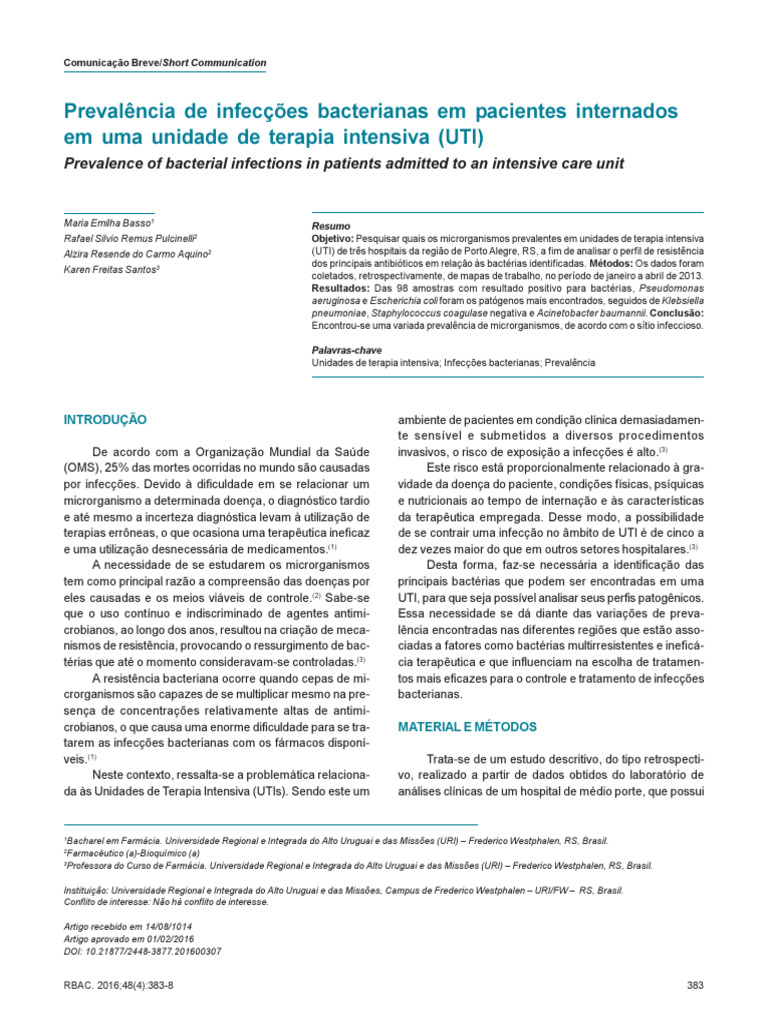 PREVALÊNCIA DE INFECÇÕES BACTERIANAS EM PACIENTES INTERNADOS EM UTI ...