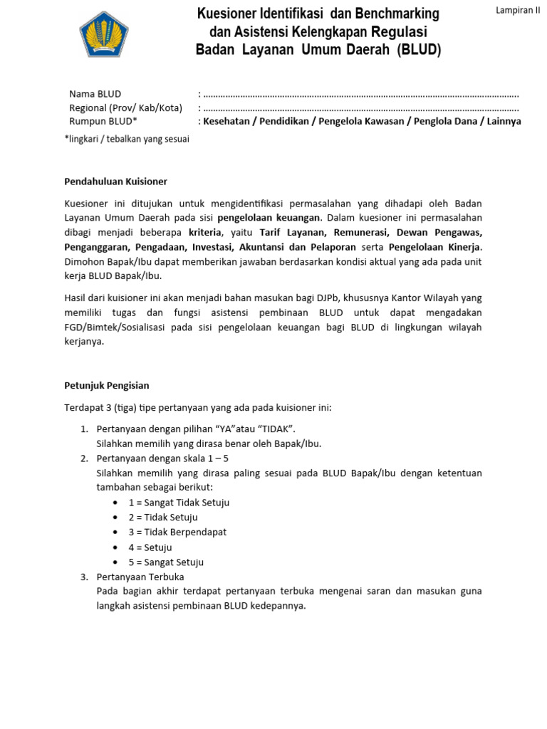 Kuesioner Evaluasi Pengelolaan BLUD | PDF | Bisnis | Pengelolaan Keuangan & Uang
