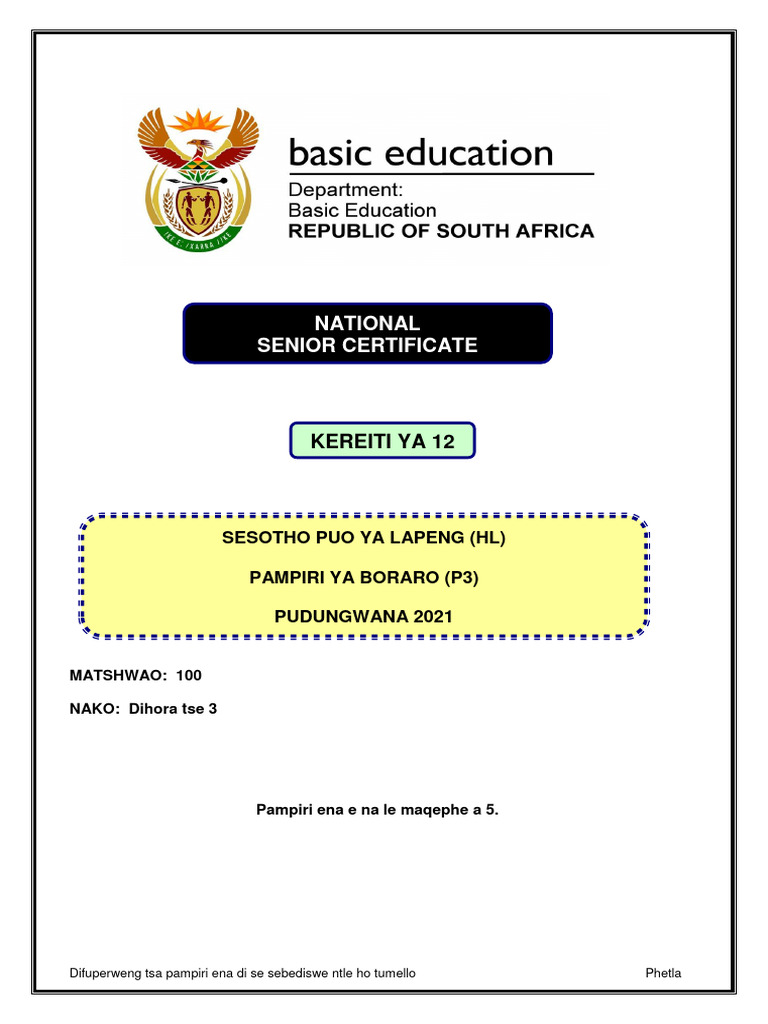 Sesotho HL P3 Nov 2021 | PDF