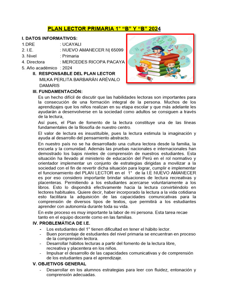Plan Lector Primaria 2024 Ucayali | PDF | Educación primaria ...
