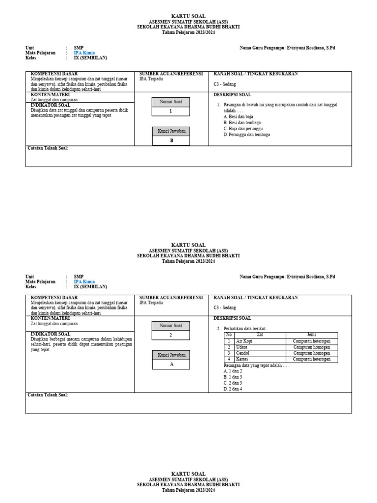 KARTU SOAL ASS | PDF