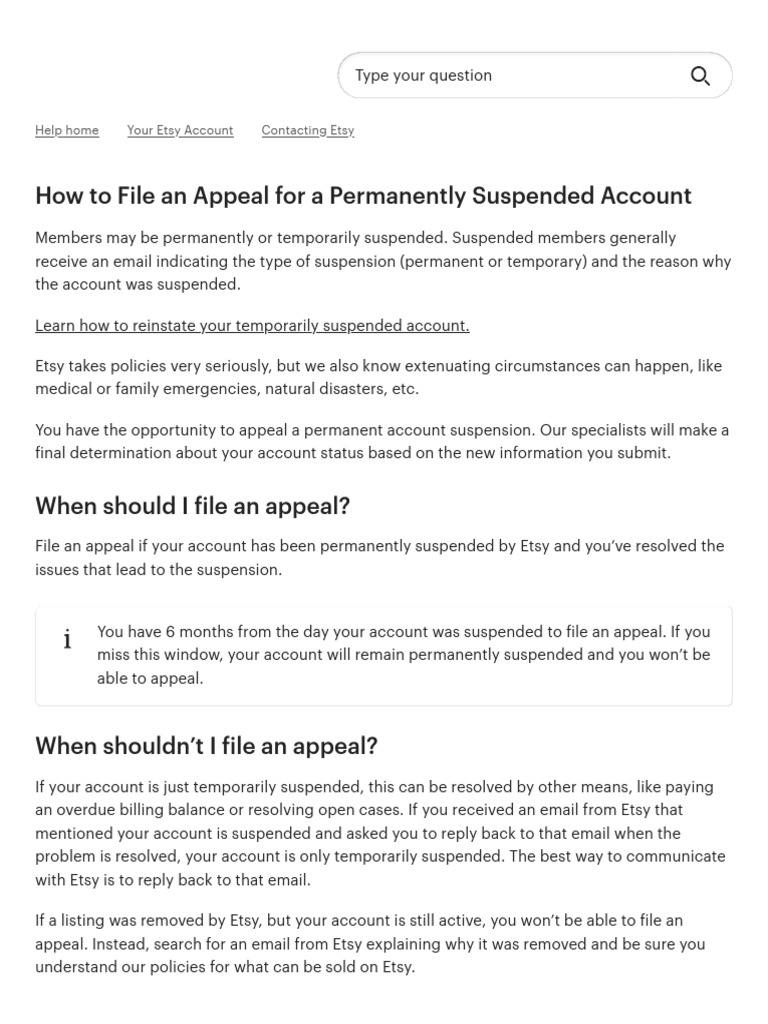 How To File An Appeal For A Permanently Suspended Account - Etsy Help ...