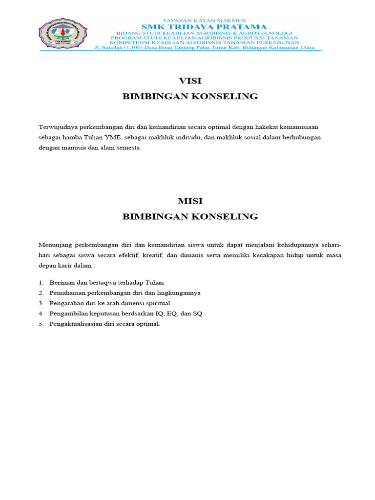 Visi dan Misi Bimbingan Konseling SMK | PDF