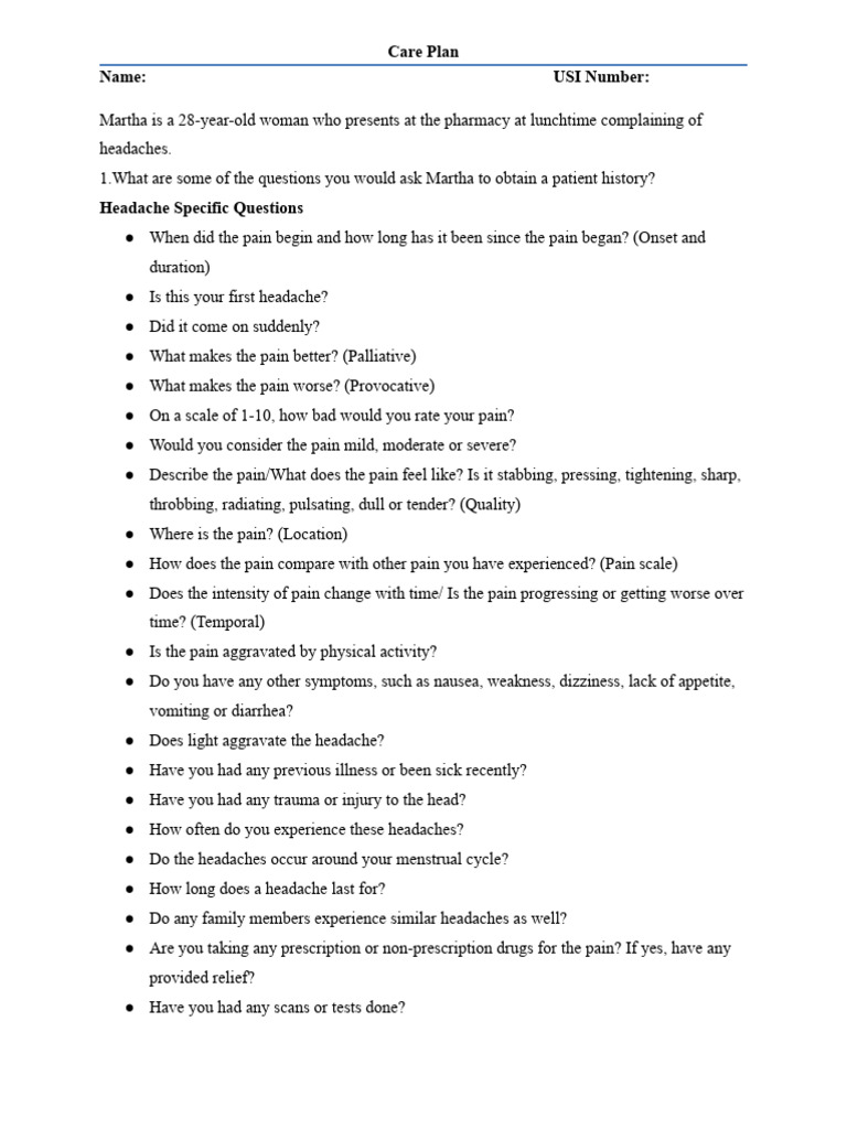 Clinical Care Plan Assignment-Headache | PDF | Headache | Pain
