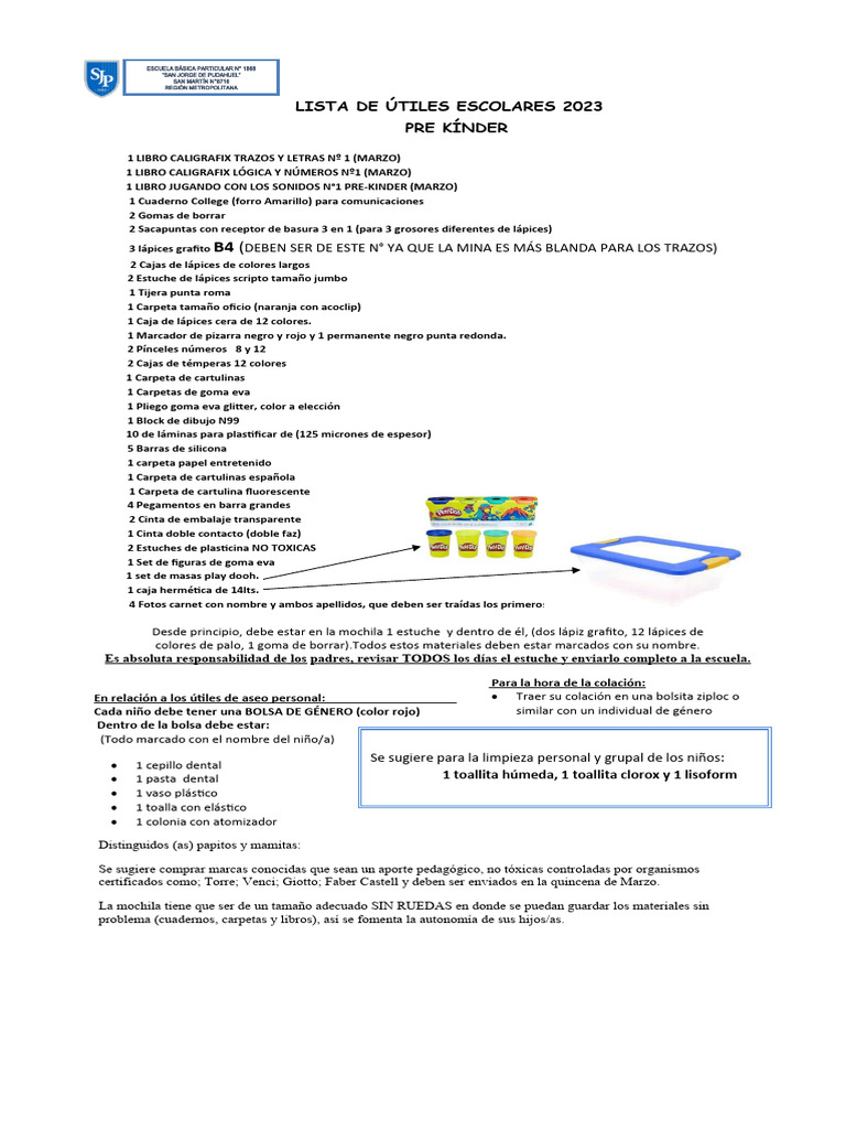 Lista de Utiles Escolares Pre-Kinder 2023 | PDF | Lápiz | Implementos ...