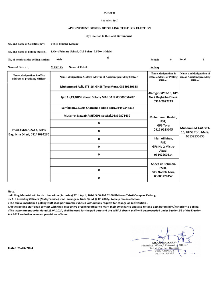 Updated Order of Polling Staff Dated 25.4.24 | PDF