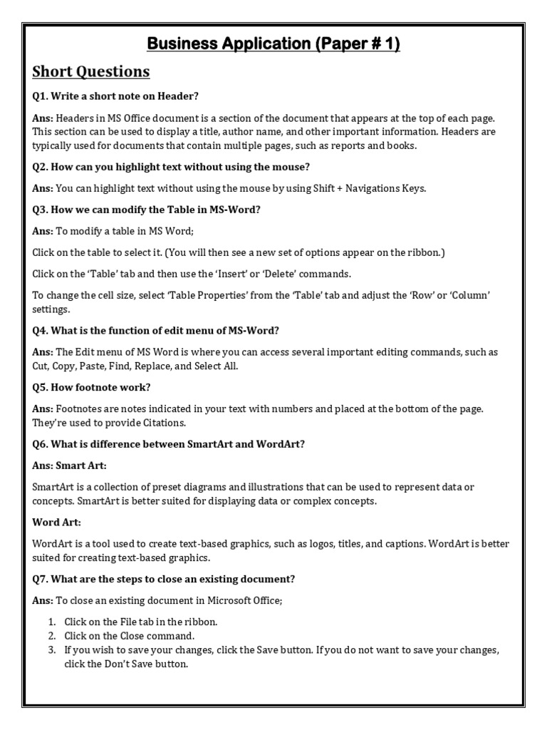 PAPER 1 (Business Application) | PDF | Microsoft Word | Microsoft Excel