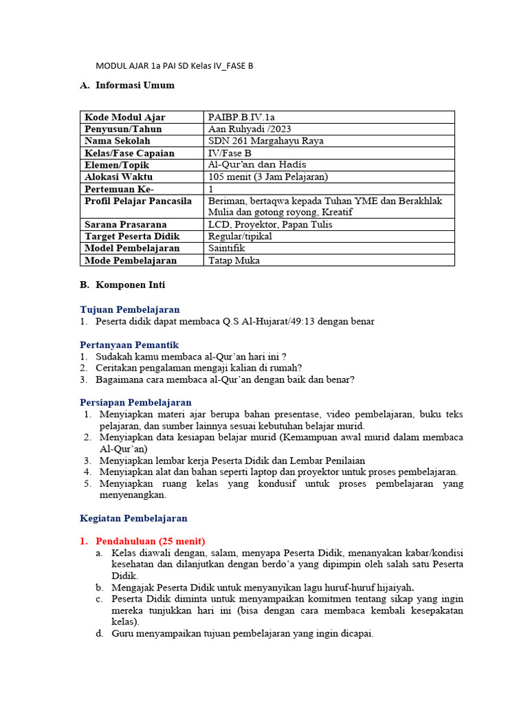 Modul Ajar Pai 4 Bab 1 | PDF