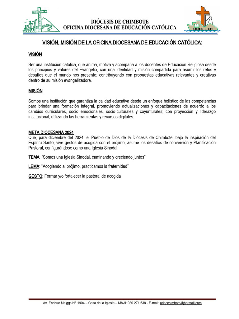 Visión, Misión y Meta de La ODEC-CH - 2024 | PDF | Religión y ...