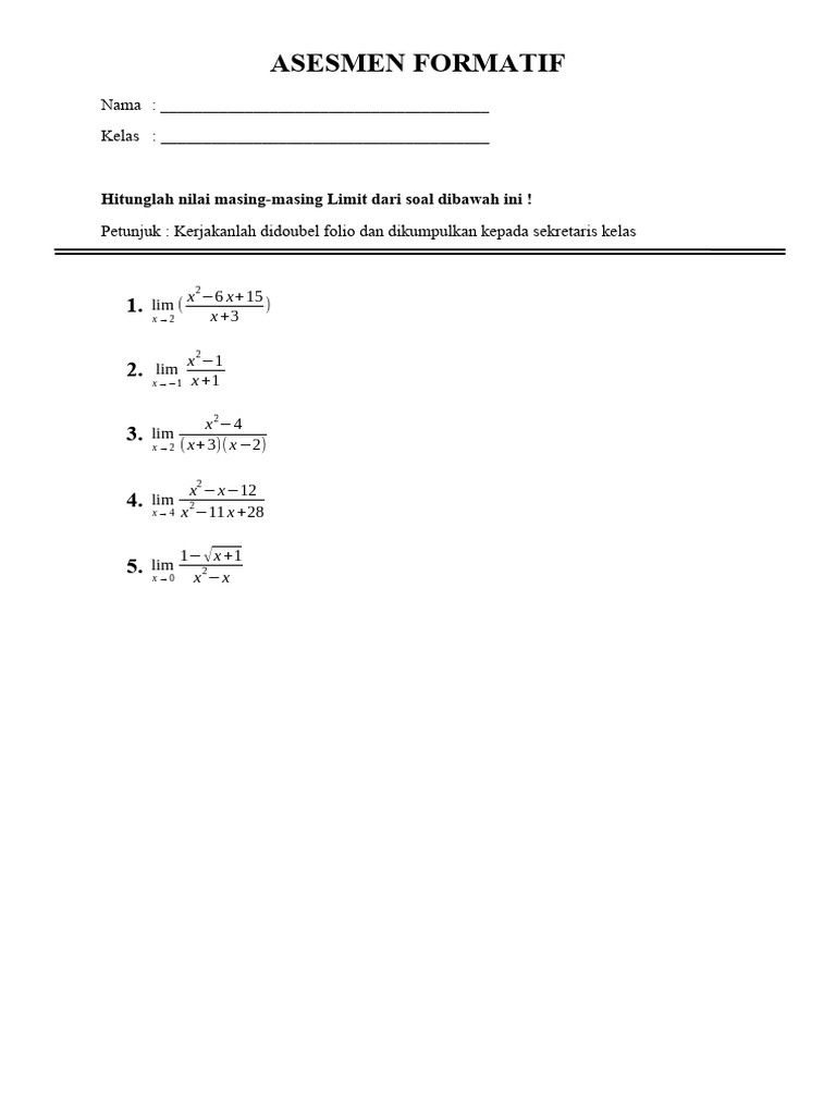 Asesmen Formatif - Kelas XI - Limit Fungsi Aljabar | PDF