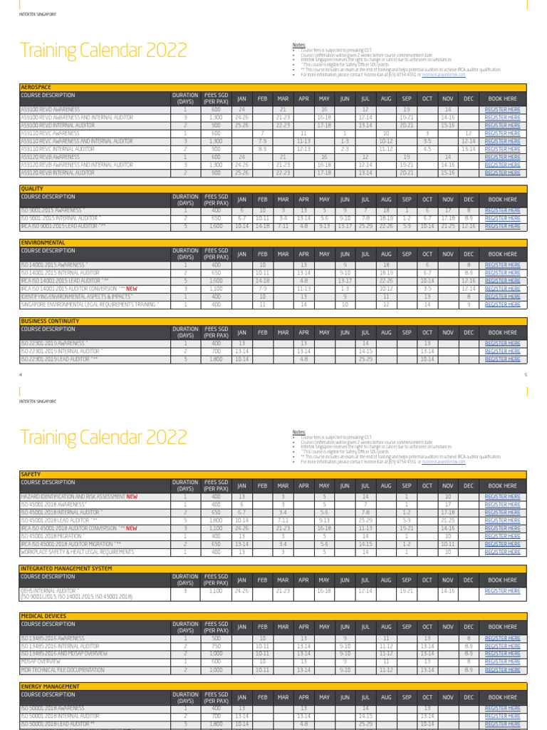 BA Training Calendar Singapore 2022 | PDF | Safety