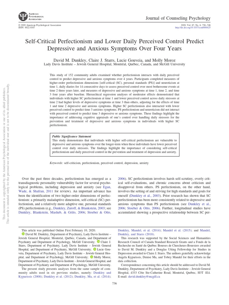 Self-Critical Perfectionism and Lower Daily Perceived Control Predict ...