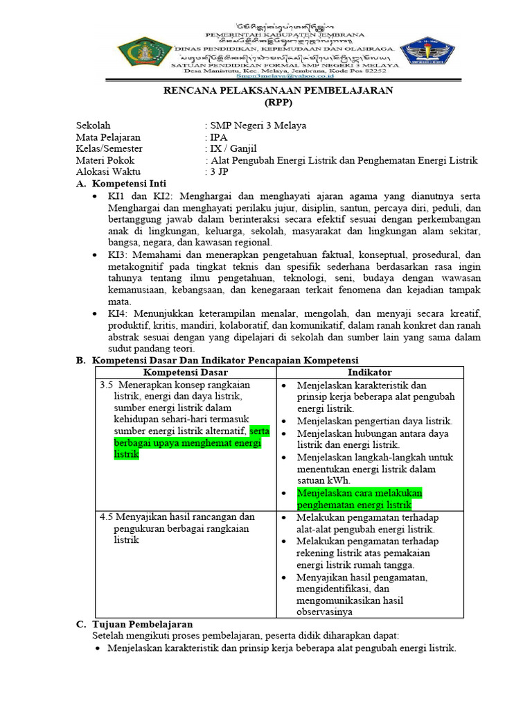 RPP IPA KELAS 9 Konservasi Energi Listrik | PDF