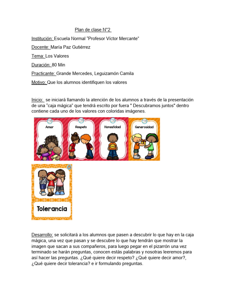Plan de Clases. Los Valores | PDF
