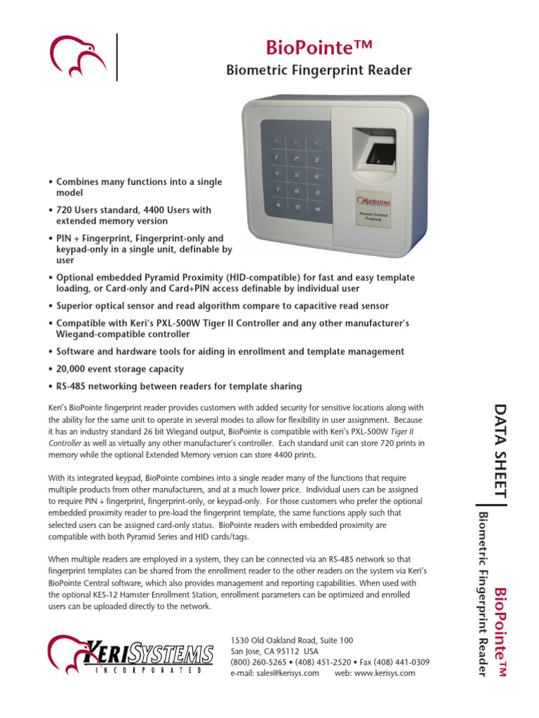 BioPointe Fingerprint Reader Data Sheet | PDF | Biometrics | Fingerprint